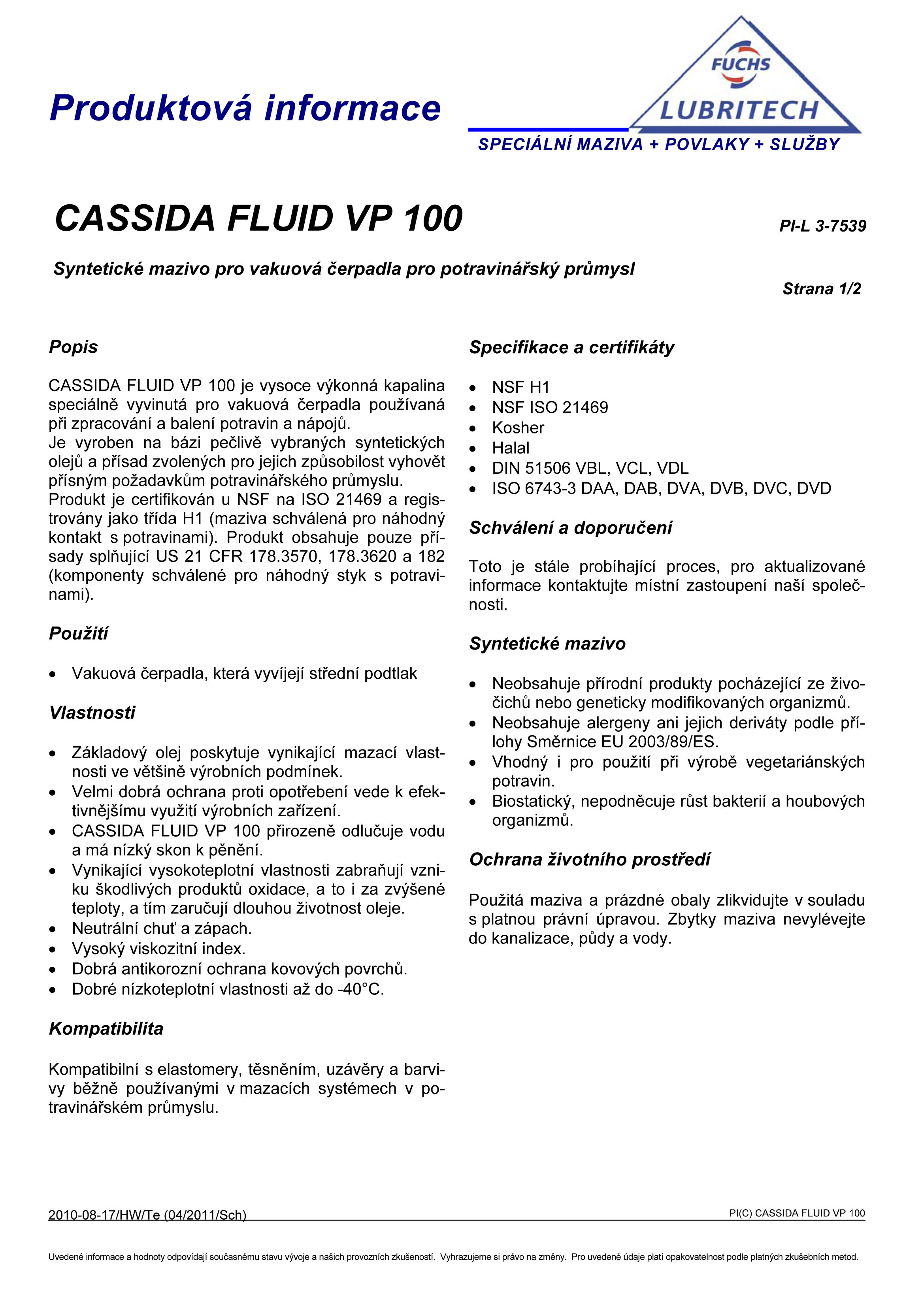 Vývěvový olej pro potravinářství Fuchs Fluid VP VG100